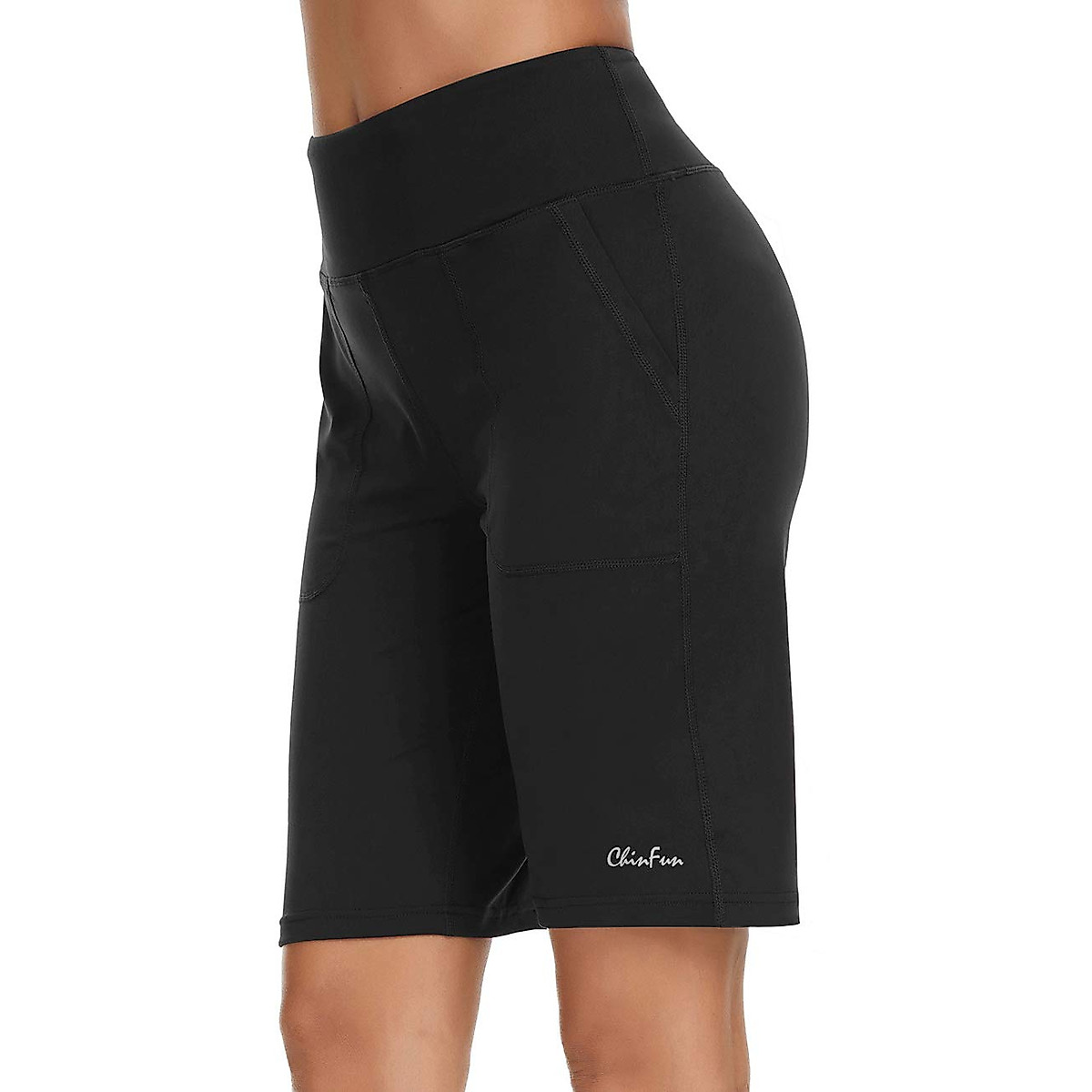ChinFun Women's 10" High Waist Yoga Shorts Bermuda Shorts Athletic RunningWorkout Lounge Shorts with Deep Pockets Black XL