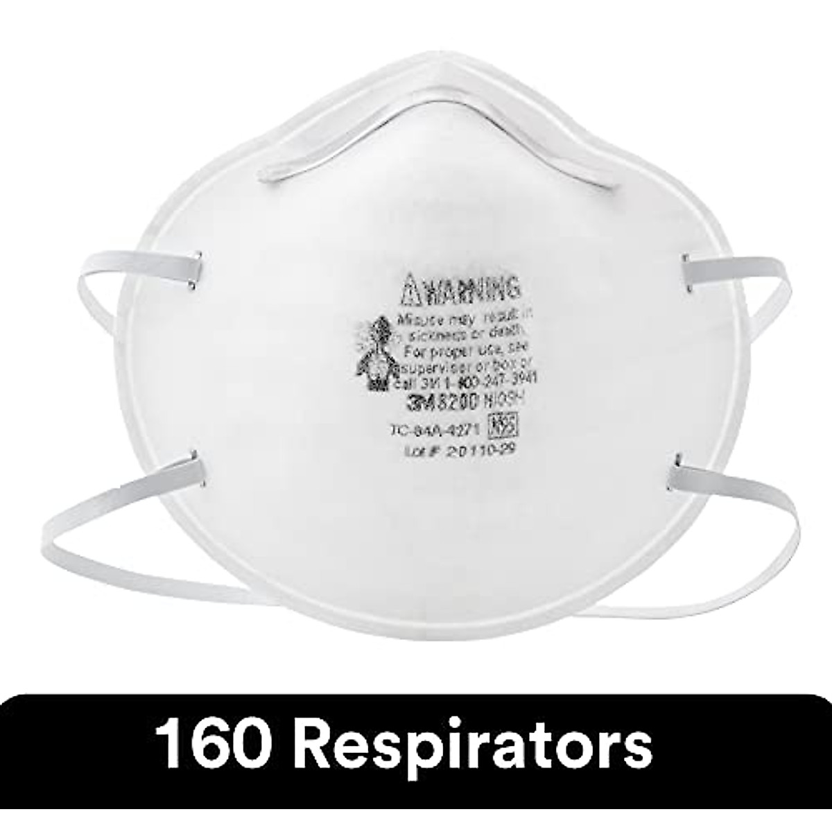 3M N95 Particulate Respirator 8200, 160/Case, Disposable, Sweeping, Sanding, Grinding, Sawing, Bagging, Dust, 8 Packs of 20 Respirators
