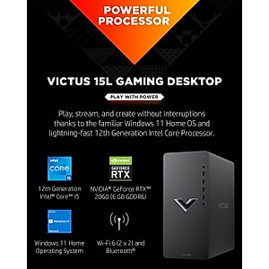 HP Victus 15L Gaming Desktop Computer, NVIDIA GeForce RTX 2060 Graphics, 12th Gen Intel Core Processor, 8 GB SDRAM, 512 GB SSD, Windows 11 Home OS, QuickDrop, Wi-Fi & Bluetooth (TG02-0020, 2022)