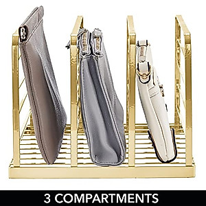 mDesign Metal Divided Stackable Purse Organizer for Closets, Bedrooms, Dressers, Shelves, Storage Solution for Purses, Clutches, Wallets, Accessories - 3 Sections - 2 Pack - Soft Brass