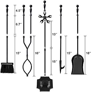 AMAGABELI GARDEN & HOME 5 Pcs Fireplace Tools Sets Black Handle Wrought Iron Large Fire Tool Set and Holder Outdoor Fireset Fire Pit Stand