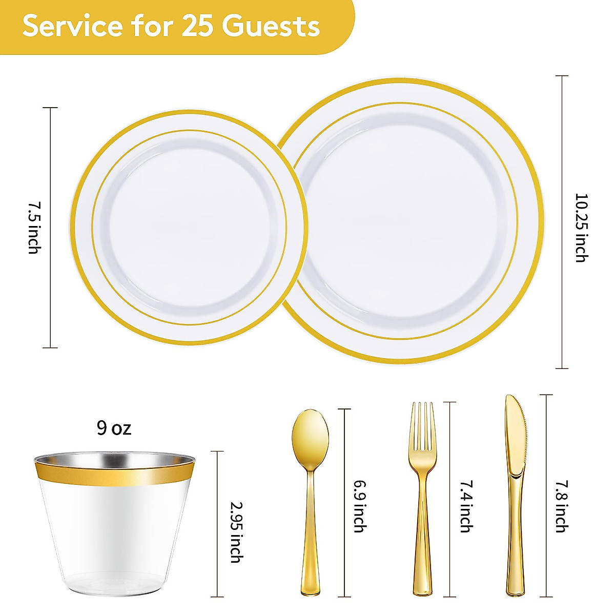 Goodluck 150 Pieces Gold Disposable Plates for 25 Guests, Plastic Party, Wedding, Dinnerware Set of Dinner Plates, Salad Spoons, Forks, Knives, Cups