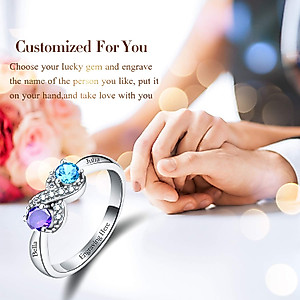 Madeone 925 Sterling Silver 14K Gold Plated Personalized Mother Rings Infinity Gem Rings Customized with 2 Birthstone 2 Names&1 Engraving Wedding Promise Rings Christmas Jewelry Gifts for Women