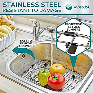 Wexbi Kitchen Sink Protectors for Double Kitchen Sink, Stainless Steel Sink Grid, Set of Two Metal Sink Protector Mat 16 x 13 in, 14.5 x 11.26 in, Grid Sink Bottom Protector with Rear Drain