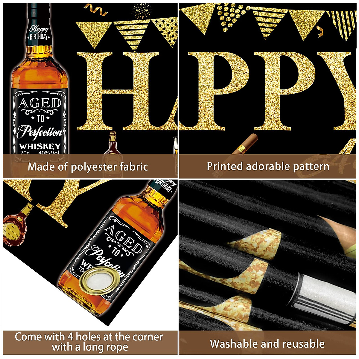 Whiskey Birthday Banner Decorations for Men, Large Black Gold Aged to Perfection Birthday Yard Banner Sign Party Supplies, Whiskey Themed Happy Birthday Photo Booth Props Decor for Indoor Outdoor