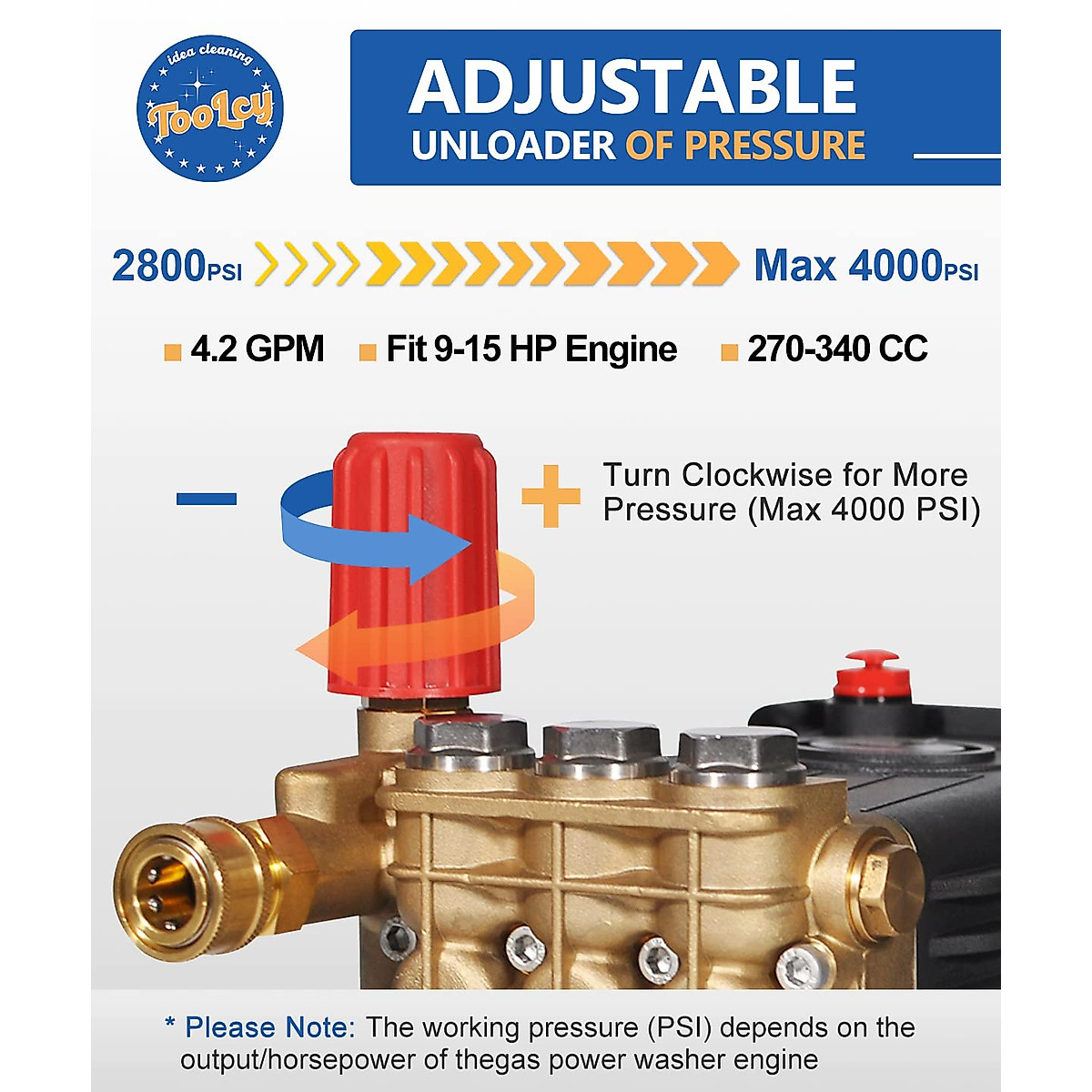 TOOLCY Pressure Washer Pump Max 4000 PSI 4.2 GPM, 1" Shaft Horizontal Gas Power Washer Pump Replacement, Direct Drive Triplex Plunger Replacement Pump with Pressure Adjustment Unloader, 5 Nozzle Tips