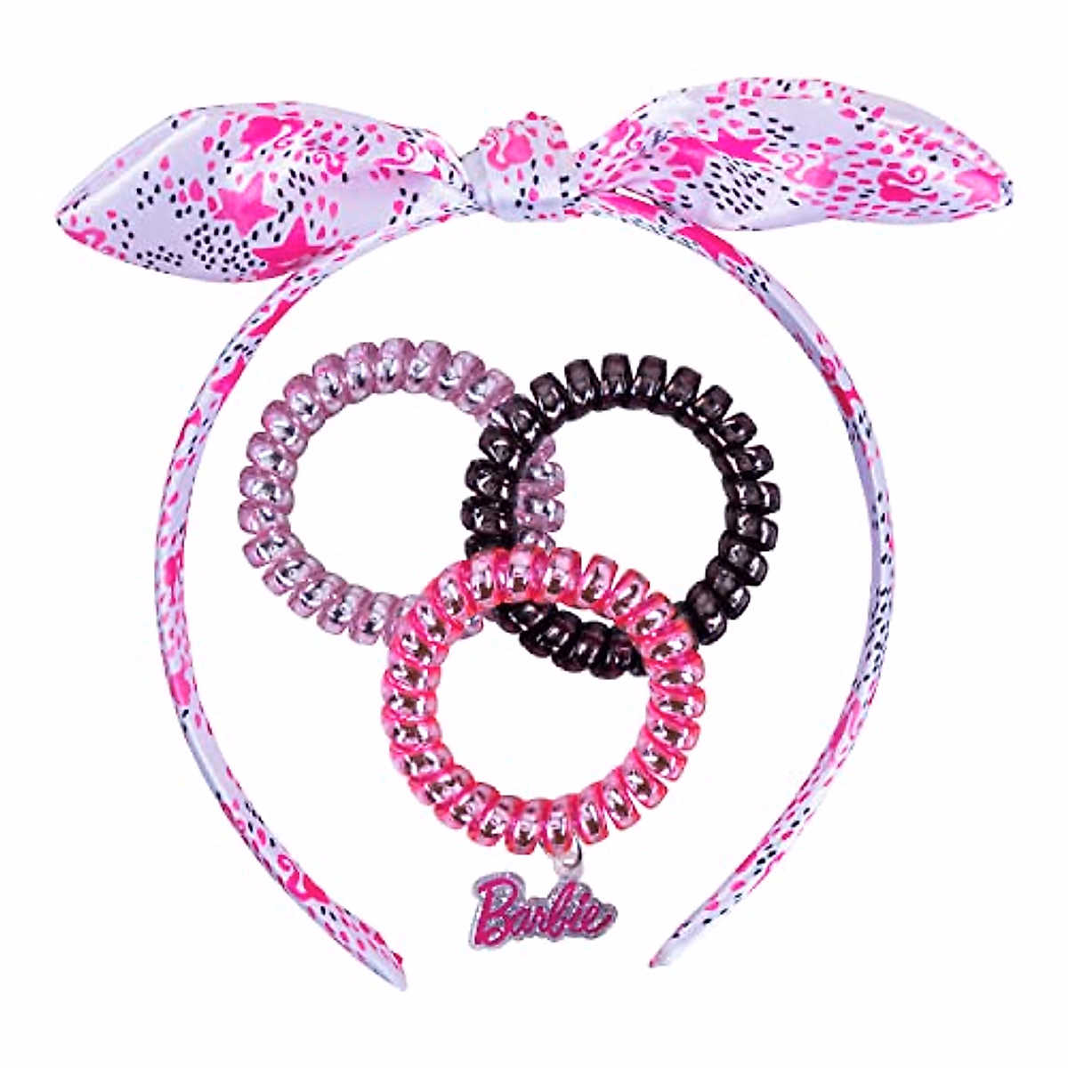 LUV HER Barbie Headbands For Girls| 4pc Barbie Toddler Headband and Hair Ties| Knotted Headband fully covered by soft Barbie Designed Fabric Cute Hair Accessories Ages 3+