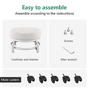 FURWOO Low Roller Seat PU Leather Rolling Stool Step Stool Mechanic Stool on Wheels for Home Office Garage Shop White