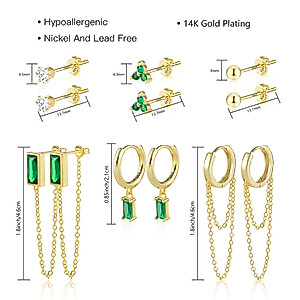 6 Pairs Earring Sets for Multiple Piercing | 14K Gold Plated Sterling Silver Studs Earrings and Hoop Earrings Set Small Huggie Hoop Chain Earrings Set for Women
