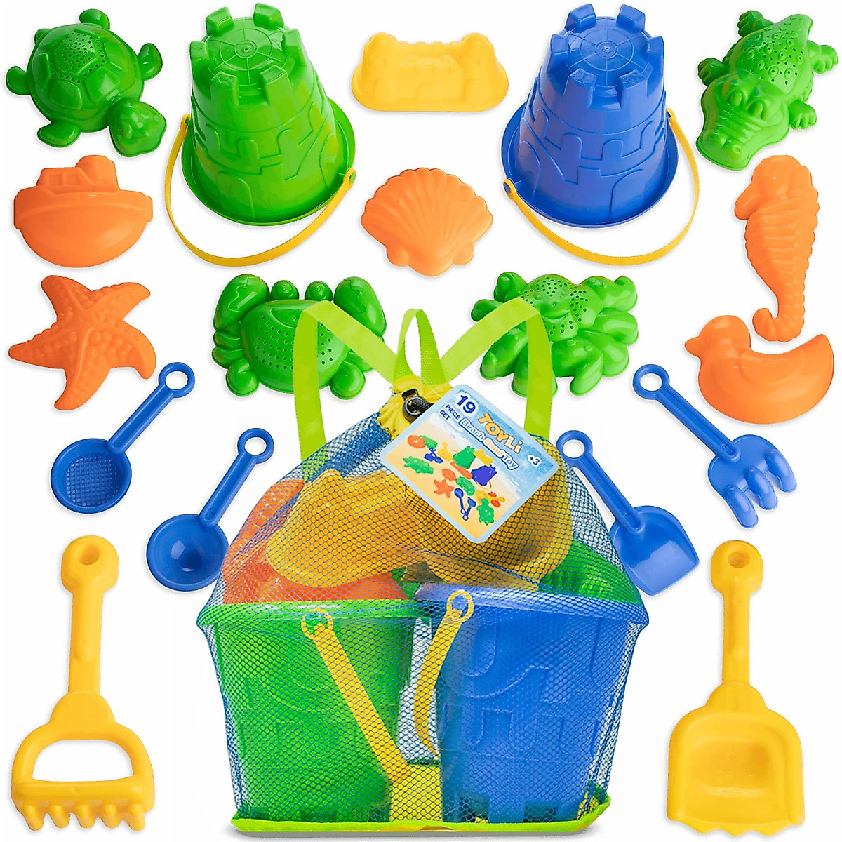 TOYLI Sand Toys Beach Set 19 Pieces with Bag, Sand Buckets, Shovels, Sand Sifters, Rakes, Sand Molds, Pail and Shovel Set for Kids Children Beach Toys for Toddlers 1-2 Snow Toys