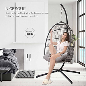 NICESOUL® Indoor Outdoor Patio Wicker Hanging Egg Chair Swing Hammock Egg Chairs UV Resistant Cushions 350lbs Capaticy for Patio Bedroom Balcony (Grey)