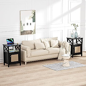 Rattan Nightstand with Combination Lock, End Table with Charging Station, Side Table with Rattan Door and Open Shelf, Modern Wooden Bedside Table for Bedroom, Living Room, Dorm