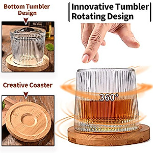 JEKMOS Rotatable Whiskey Glasses Set of 2 Old Fashioned Rocks Glasses with Coasters 6.2OZ Crystal Spinning Viski Tasting Glasses for Drinking Cups Gifts for Men