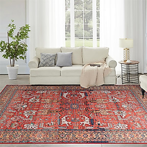 Syalife Washable Rug Vintage Area Rugs, 8'x 10' Living Room Rug with Non Slip Backing, Distressed Indoor Carpet Non-Shedding Red Rug, Vintage Floor Mat Indoor Rug (Red, 8'x 10')