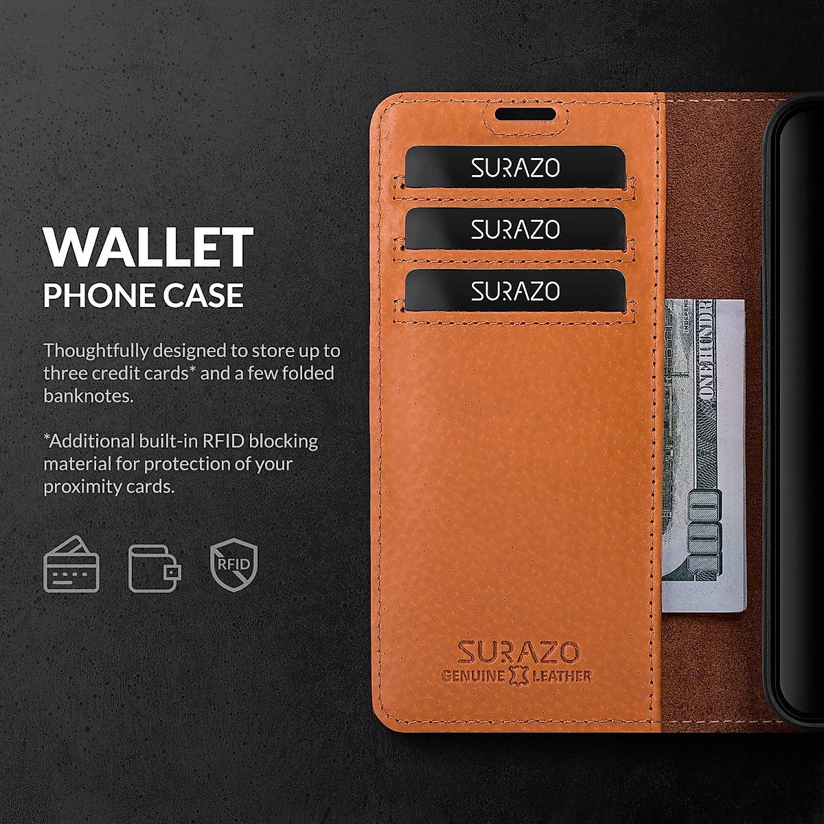 SURAZO Mobile Phone Case for Apple iPhone 15 Pro Leather - Foldable Genuine Leather Protective Case [Magnet, Card Slot, RFID Protection, Stand Function] Flip Flip Case Cover Leather Case (Camel)