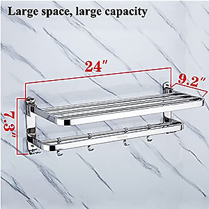DDS-DUDES Bathroom Towel Rack with Shelf Double Towel Bar Stainless Steel Wall Mount Towel Holder with Movable Hooks Rustproof for Hotel Lavatory (Silver 24 inch)