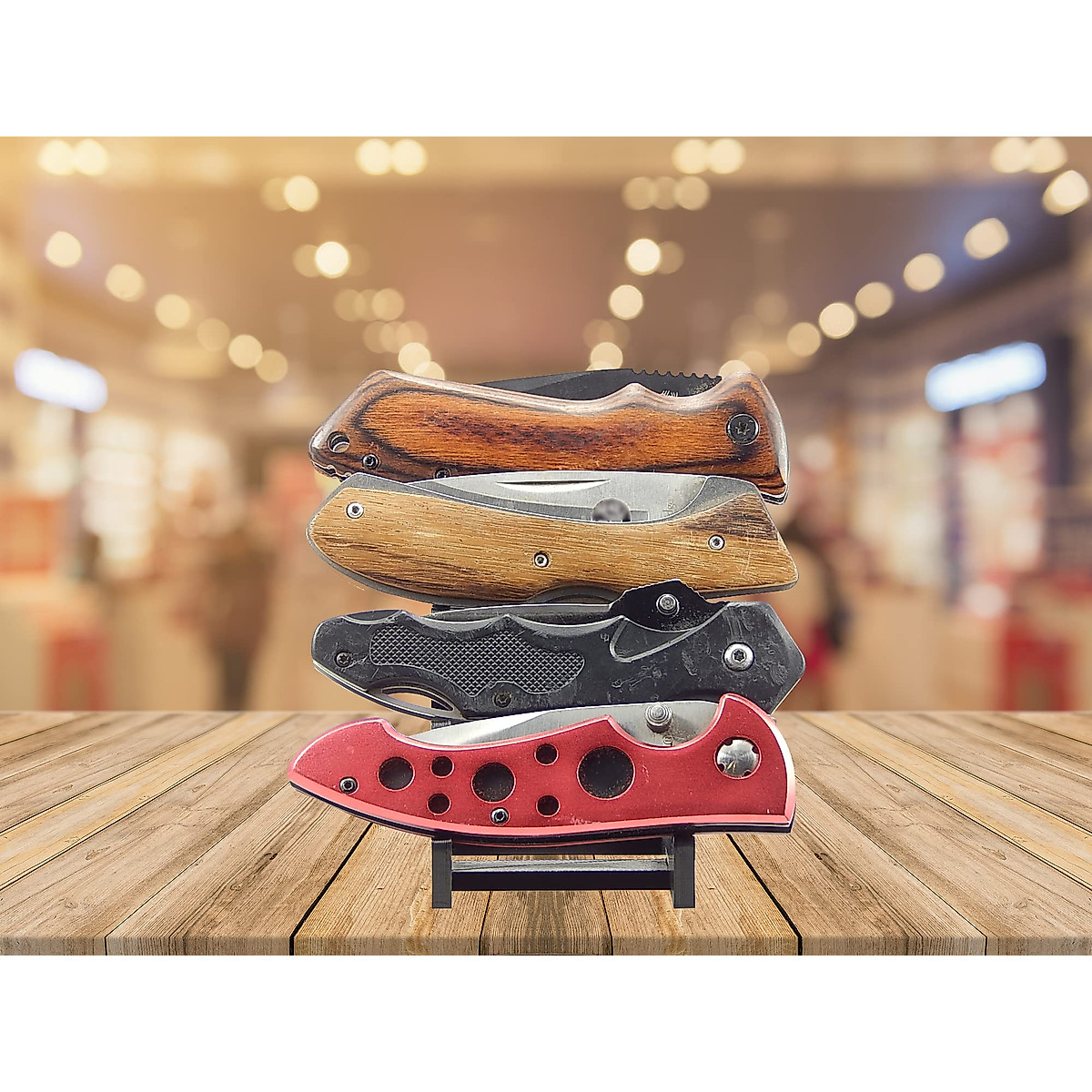 Black Knife Display Stand Rack Holder Organizer For 4 Pocket Knives - Holds Four Folded Blades - Sits On Flat Surface