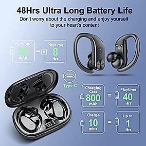 hadbleng Wireless Earbuds Bluetooth 5.3 Headphones 48Hrs Playtime Black Sports Earhooks Over Ear Earphones with LED Display, IPX7 Waterproof Built-in Mic Headset for Workout, Running, Gym