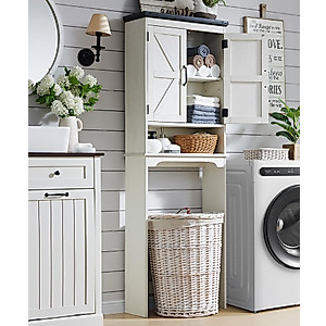 ACCOHOHO Over The Toilet Storage Cabinet, Farmhouse Bathroom Cabinet with Adjustable Shelf & Barn Door, 67" Tall Over The Toilet Shelf, Off White