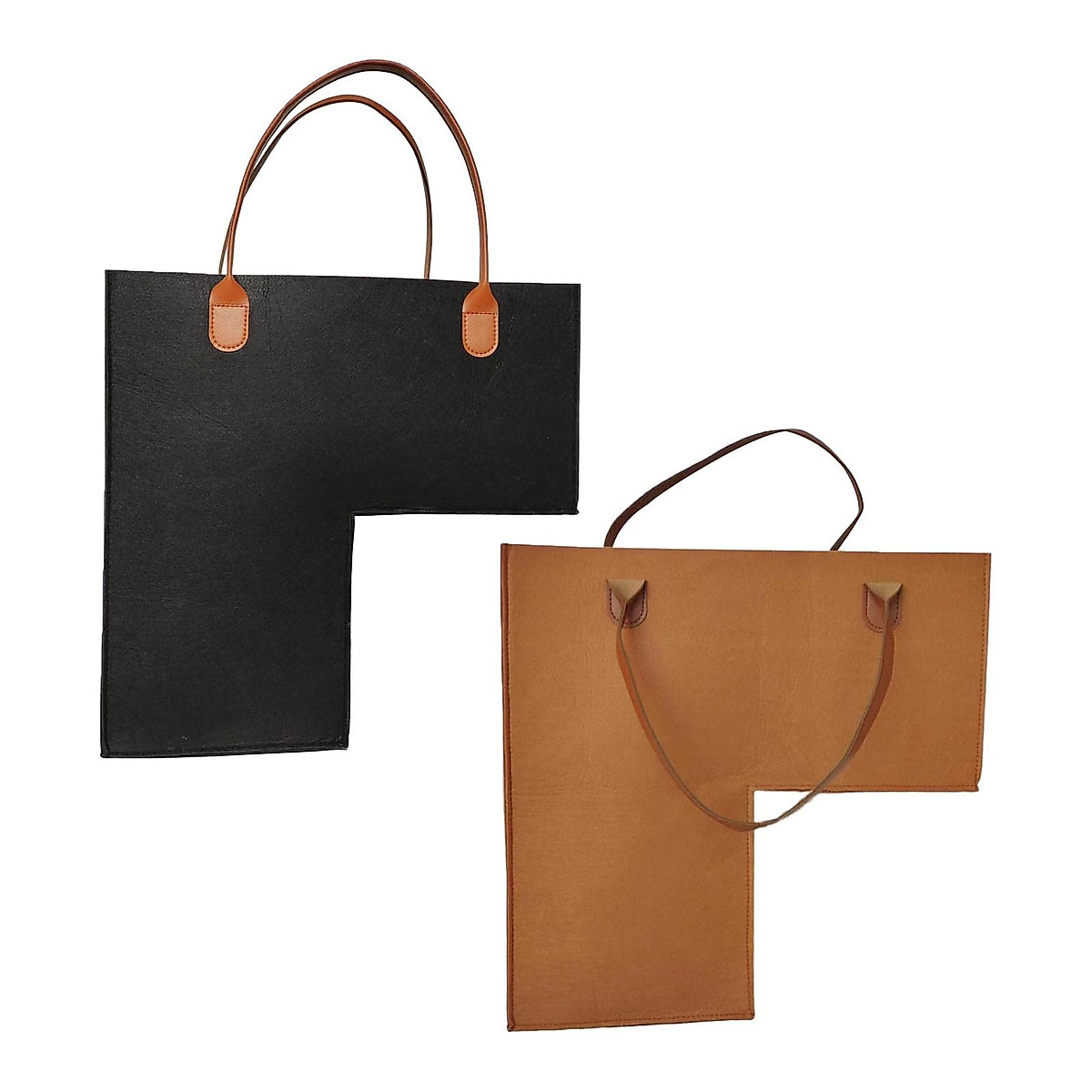 ＫＬＫＣＭＳ 2Pieces Stair Basket with Leather Handle for Carpeted Stairs, Staircase Basket for Wooden Stairs, Foldable Basket Organizer for Office, Black and Brown