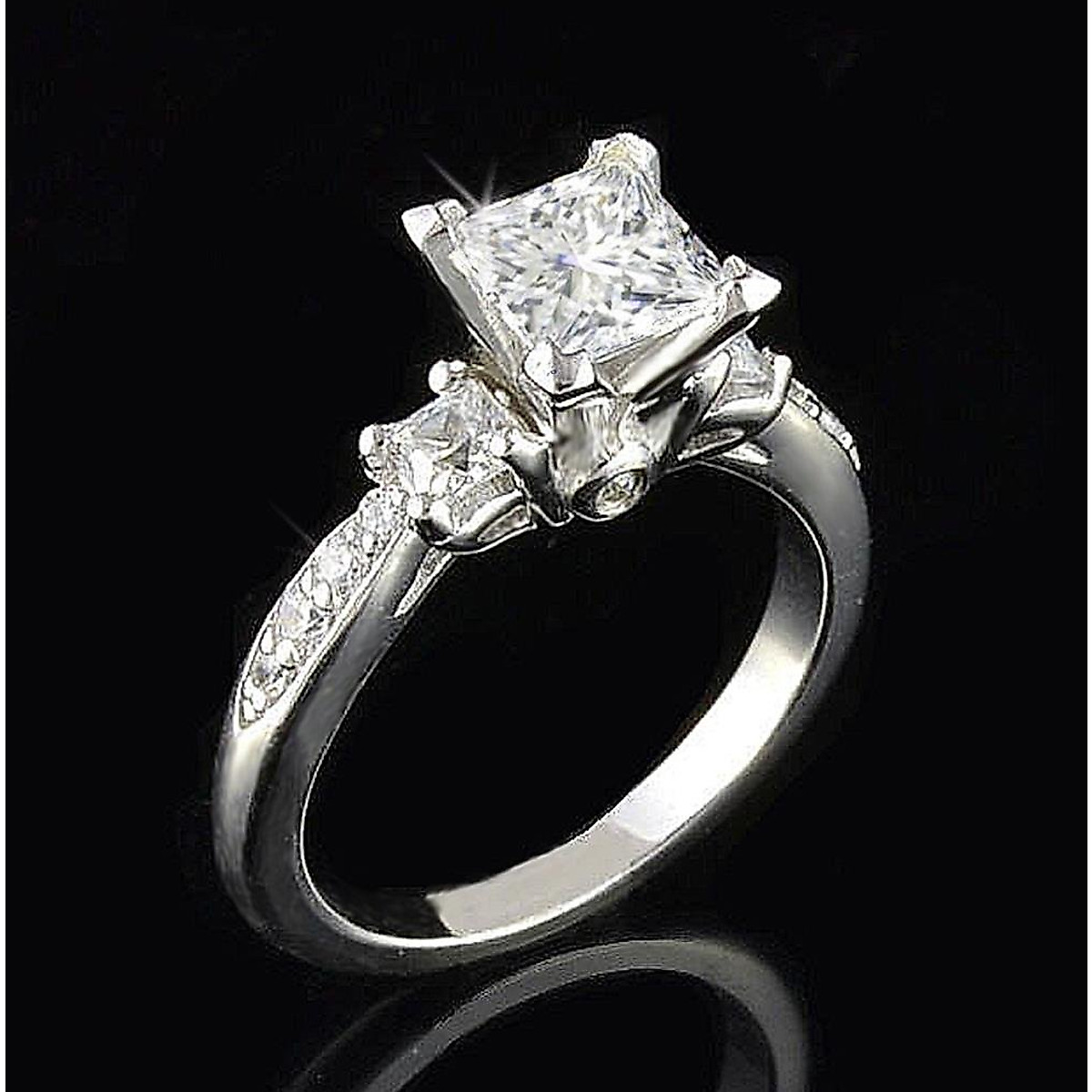 Venetia Top Grade Realistic Princess Cut Simulated Diamond 3-Stones Ring Curved Band 2 Pcs Set Platinum Plated 925 Silver Cubic Zirconia cz (7)