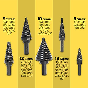 Lichamp Step Drill Bit Set for Metal Sheet Heavy Duty, 5-Piece Premium M2 HSS Step Up Down Drill Bits Stepper Unibit for Steel Hole, 50 Sizes from 1/8 to 1-3/8 inches