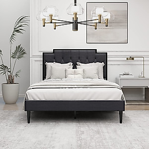 AGARTT Upholstered Platform Full Size Bed Frame with Headboard Premium Stable Wood Slat Support No Box Spring Required Black