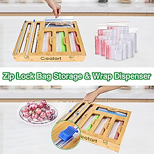Creatart Bamboo Foil and Plastic Wrap Dispenser with Cutter 6 in 1 Ziplock Bag Storage Organizer for Drawer 12" Food Storage Bag Organizer for Gallon, Quart, Sandwich and Snack