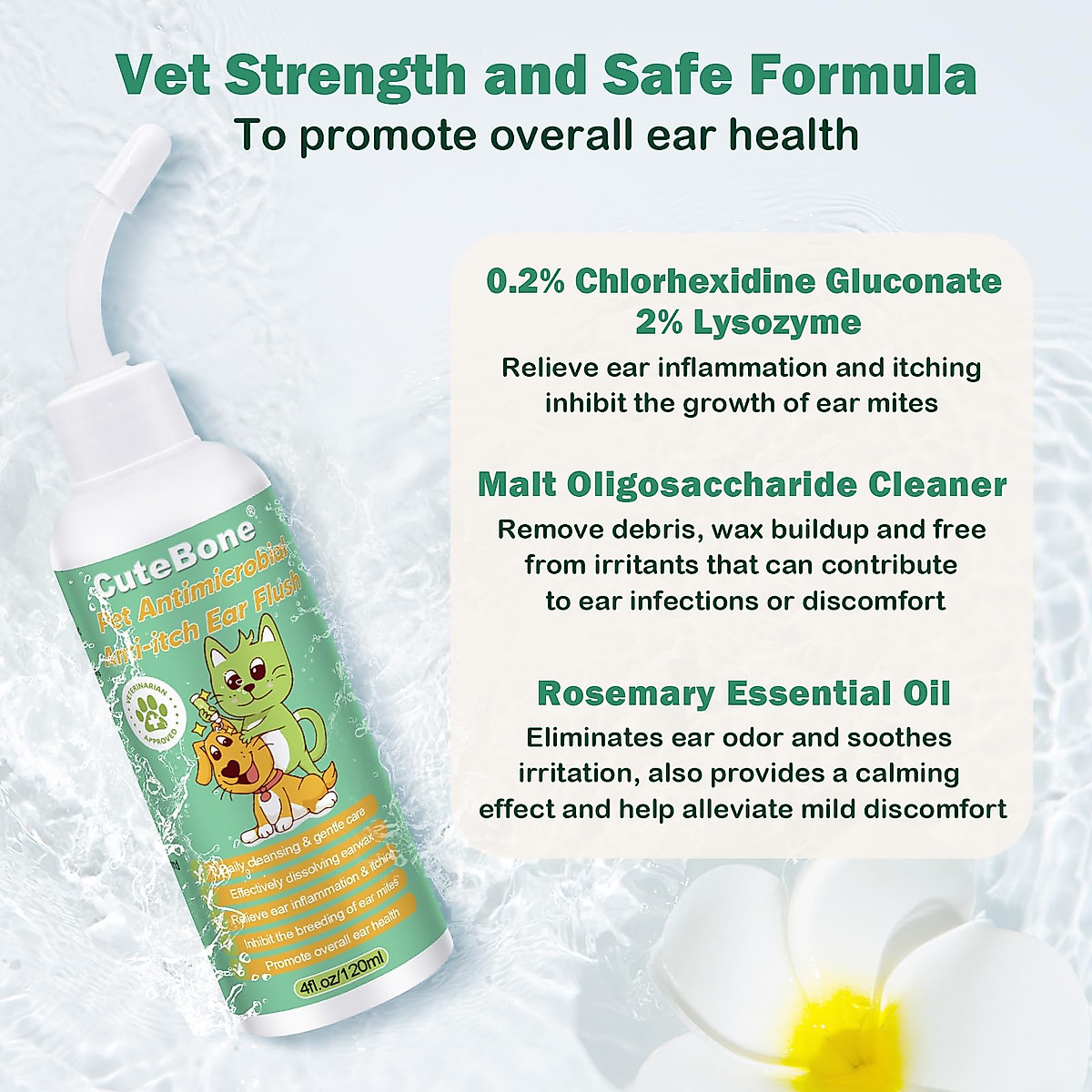 CuteBone Dog Anti-Itch Ear Flush - Cleans &amp; Removes Wax Odor, Deodorizes, Soothes Ear Inflammation for Pet - Easy Ear Wash Care Solution - Ear Cleaner 4 fl.oz &amp; 30 Cotton Swabs Kit