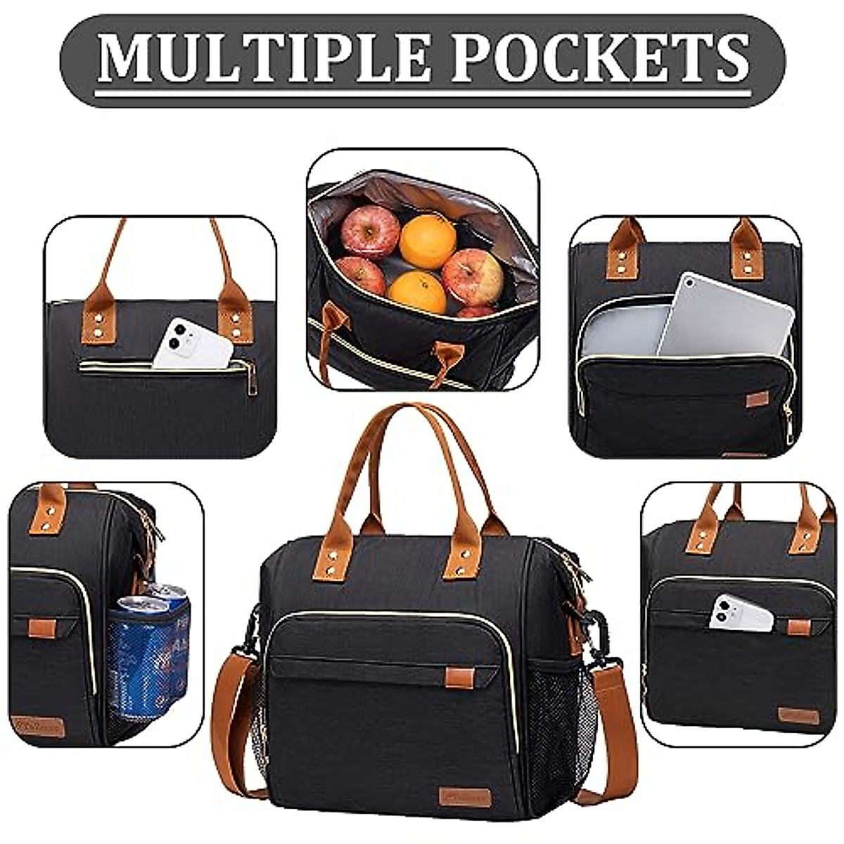 Insulated Lunch Bag - Large Portable Cooler Lunch Box for Office Work Picnic Beach Workout - Reusable Freezable Tote Lunch Bag Organizer with Adjustable Shoulder Strap for Women Men Adult,Black