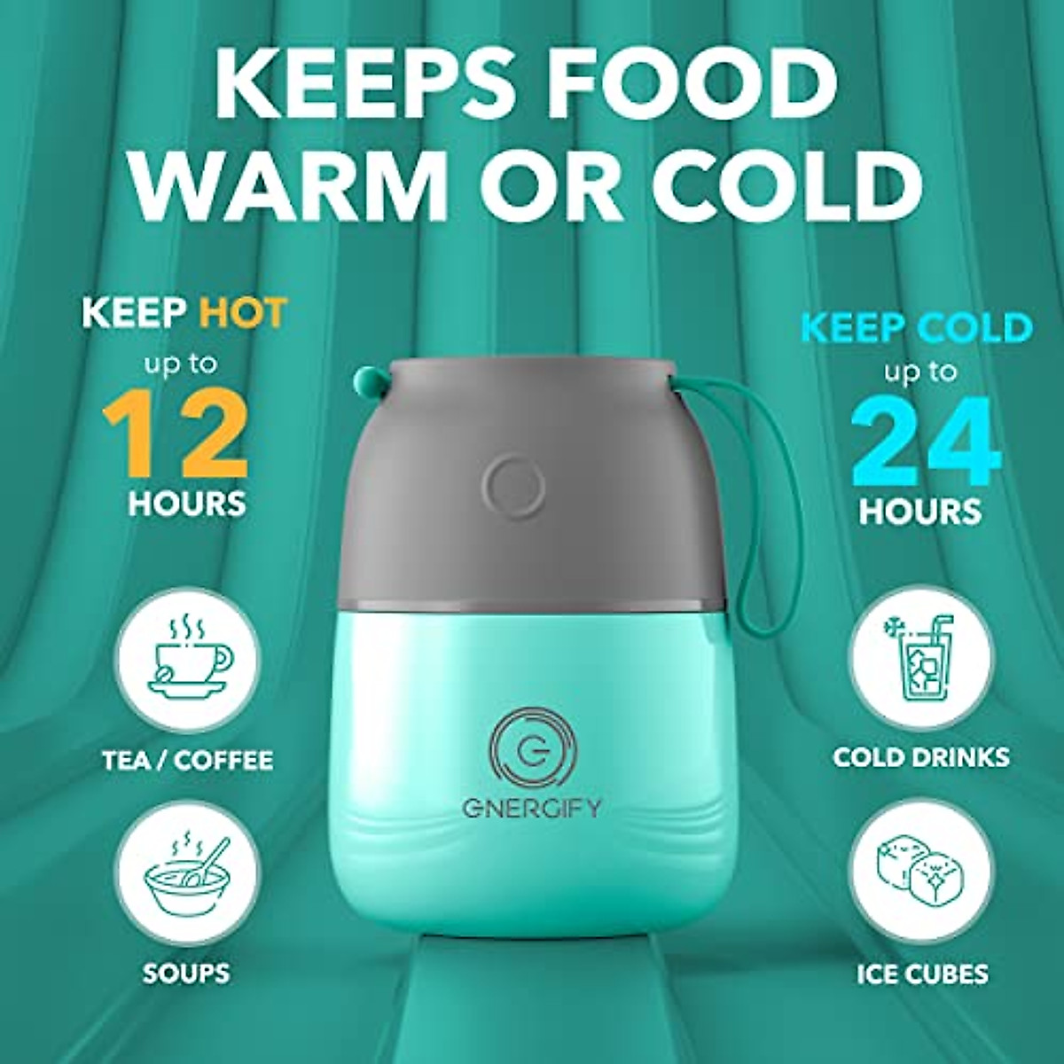 ENERGIFY Vacuum Insulated Food Jar. 17oz Thermos Includes Folding Spoon and Cup. Hot & Cold Drinks, Lunch Container For Kids and Adults. Made of Premium BPA-Free Stainless Steel, Leak Proof, Blue