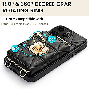 CUSTYPE Compatible with iPhone 14 Pro Max Case Wallet with Card Holder,360 Rotation Ring [Two-Way Stand],Leather Zipper Wallet Case with Crossbody Strap for iPhone 14 Pro Max,6.7 Inch,Black