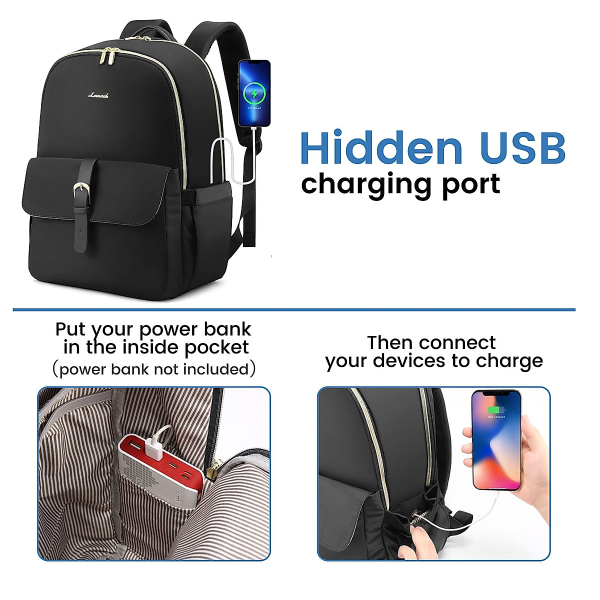 LOVEVOOK Laptop Backpack for Women, Stylish Laptop Bookbag, Water Resistant Travel Backpack, Carry On College School Backpack, Fits 15.6" Laptop (Black, M- 15.6 inches)