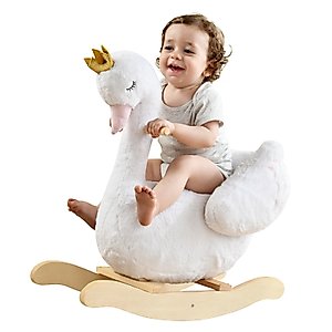 labebe - Plush Rocking Horse Wooden, Baby Riding Animal White Swan, Kid Ride On Toy for 1-3 Year Old, Girl&Boy Stuffed Rocking Animal Outdoor, Nursery/Infant/Child Christmas or Birthday Gift