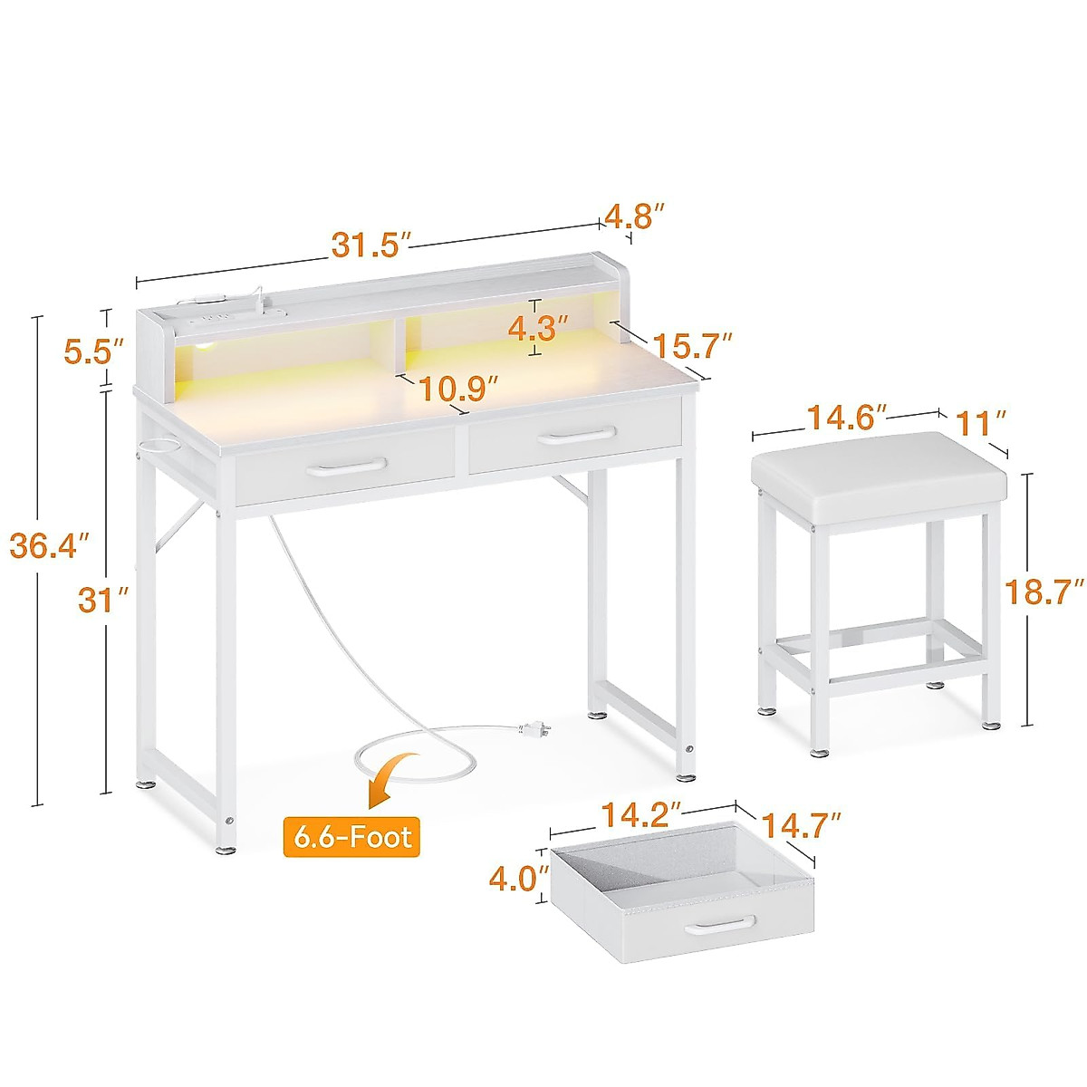 AODK Vanity Desk with Vanity Chair, Makeup Vanity with LED Lights, White Small Vanity Desk Without Mirror, 32 Inch Makeup Table for Small Space with 2 Fabric Drawers, Desk Make Up Vanity for Girls