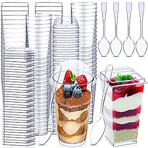 Nuogo 3 Oz Mini Dessert Cups with Lids and Spoons Clear Plastic Cups Square Parfait Cups with Lids Round Disposable Plastic Dessert Cups Dessert Containers for Party Appetizer Fruit Pudding (100)