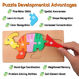 MONTESSORI MAMA Toddler Puzzles for Kids Ages 3-5 Dinosaur Puzzle 5-Pack, Montessori Toys for 3 Year Olds, Toddler Toys Age 2-4 Gifts for 3 Year Old Boys Girls, Wooden Puzzles for Toddlers