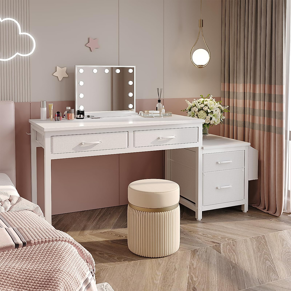 Lufeiya White Computer Desk with Fabric File Drawers Cabinet, 57 Inch Home Office Desks with Reversible Filing Cabinet Printer Stand for Small Space, Study Writing Table PC Vanity Desks, White