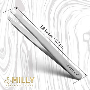 By MILLY Professional Slanted Tweezers for Women & Men | High Carbon Stainless Steel Sharp Tweezers | Tweezers for Women Facial Hair Plucking, Hand-Filed & Aligned Precision Slant Tips - Silver