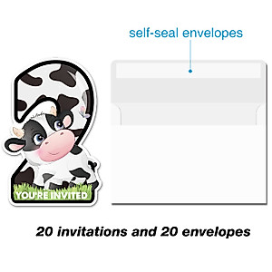 20 Cow 2nd Birthday Party Invitations with Envelopes Double Sided Farm Cow Shaped Fill-in Invitations Invites for 2 Year Old