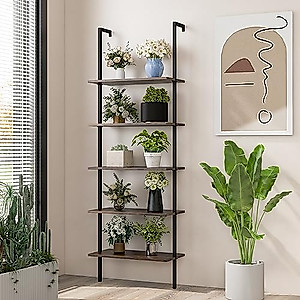 Tangkula 5-Tier Bookshelf, Modern Wall Mounted Ladder Shelf, 5 Tiers Wood Wall Open Bookcase with Metal Frame, Home Office Display Rack Storage Shelves for Collection, Plant Flower Stand (2, Brown)