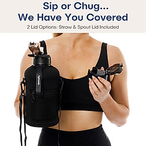 Half Gallon Water Bottle with Storage Sleeve and Straw Lid - BPA Free Large Gym Water Bottle with Pockets - Leak Proof - Reusable Black Water Jug with Strap, Handle for Daily Hydration (74 Ounce)