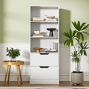 Housoul Bookcase with 2 Drawers, 63" 3-Tier Bookshelf with Storage, 3 Shelf Bookcase with Adjustable Shelf, Modern Bookshelf, Open Shelves Bookcase for Study, Bedroom & Home Office, White