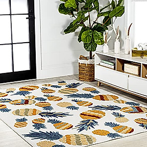 JONATHAN Y AMC117A-5 Ananas Bold Pineapple High-Low Indoor Outdoor Area-Rug, Tropical Coastal Casual Easy-Cleaning,Bedroom,Kitchen,Backyard,Patio,Non Shedding, 5 X 8, Orange/Navy