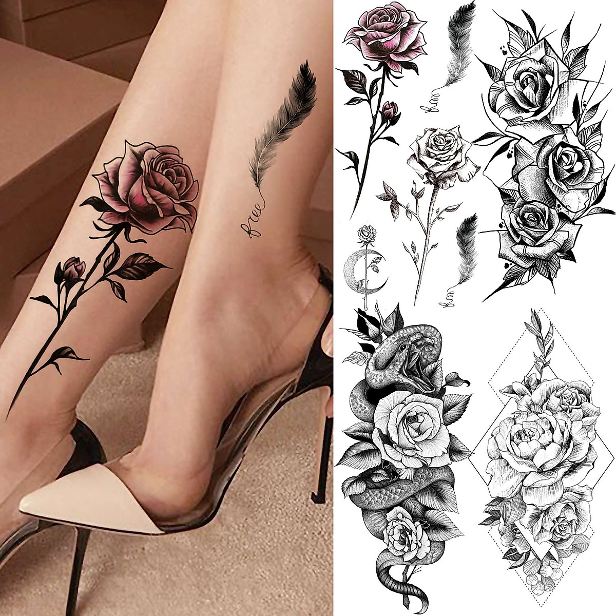 Shegazzi 63 Sheets 3D Flower Temporary Tattoos For Women Girl, 12 Sheets Realistic Sexy Rose Peony Floral Fake Tattoo Sticker Adult, 52 Sheets Small Black Snake Letter Anchor Infinity Tatoos Neck Arm