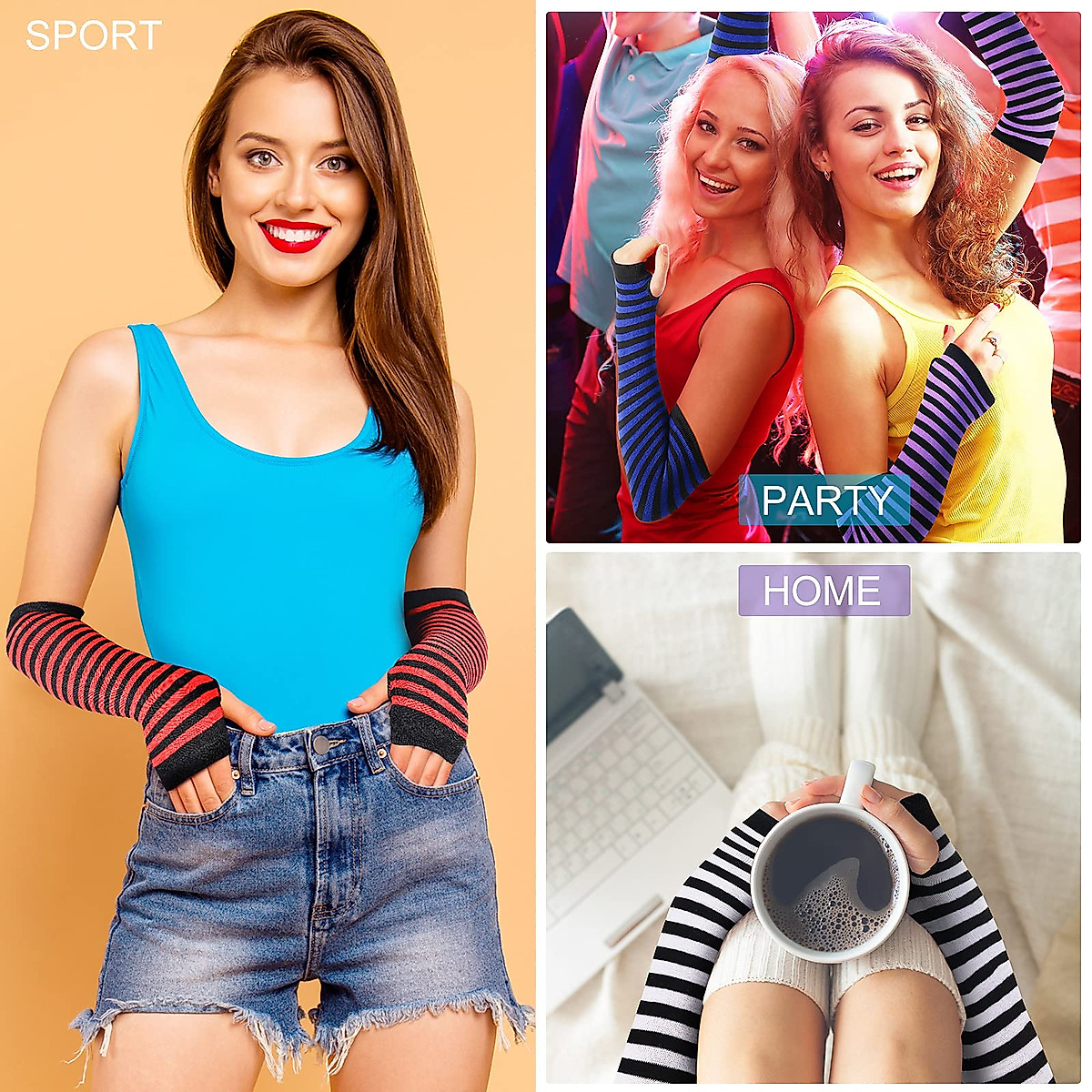 SATINIOR 6 Pairs Long Fingerless Gloves for Women Knit Thigh High Striped Arm Warmer Thumb Hole Stretchy Gloves(Bright Color)