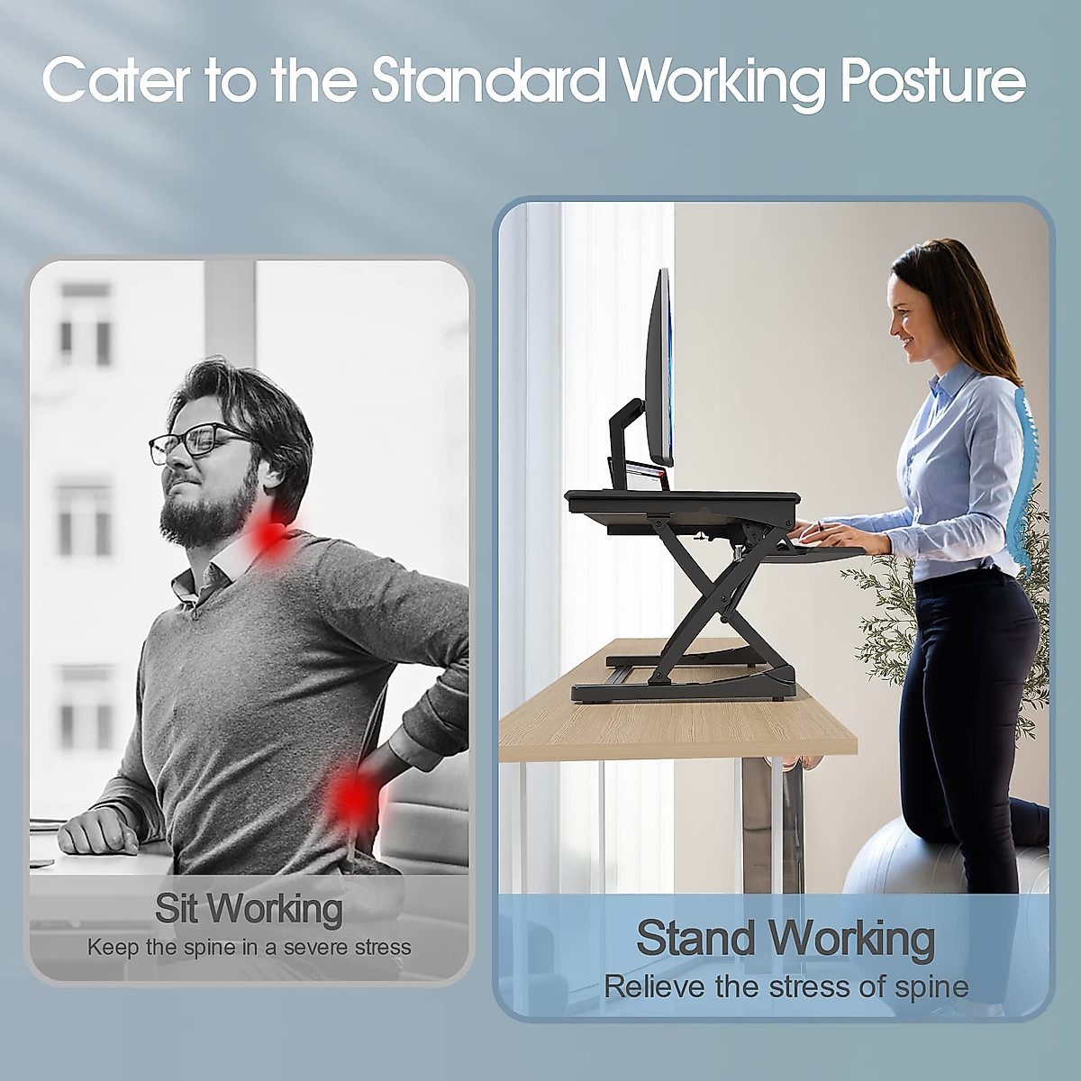 Joy Seeker Standing Desk Converter 35 Inches Height Adjustable Sit to Stand Desk Riser Dual Gas Springs Stand up Desk with Wide Keyboard Tray for Laptops Dual Monitor Riser Workstation, Black
