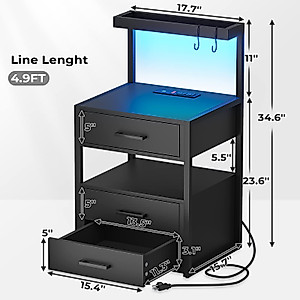 Nightstand with Charging Station and LED Lights, LED Night Stand with 2 USB Ports and 2 AC Outlets, Modern End Table with 3 Drawers, Bedside Table with Open Storage for Bedroom, Black