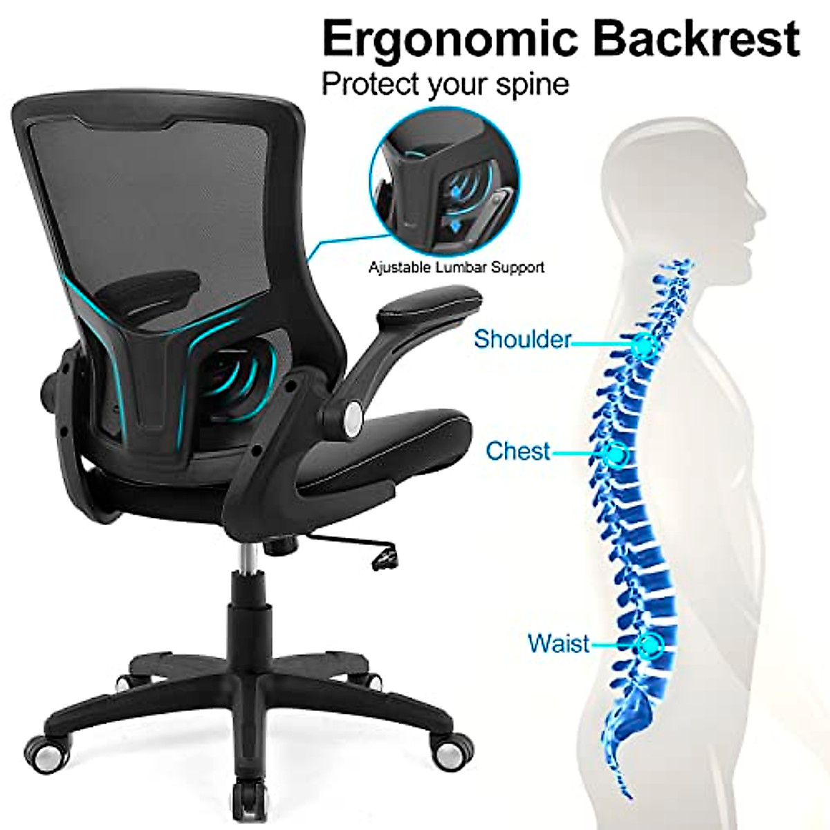 Office Chair Ergonomic Desk Chair - Adjustable Height PU Leather Home Office Desk Chairs, Swivel Mesh Midback Computer Chair with Lumbar Support and Flip-up Armrests Executive Office Task Chair, Black