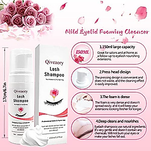 Qiveaory 150ml/5.07fl.oz Eyelash Extension Cleanser Extension Lash Shampoo Brush Mini USB Portable Lash Fan Mascara Brush Disposable Microbrush Wash Bottle Reusable Makeup Remover Pad Gentle Cleaning